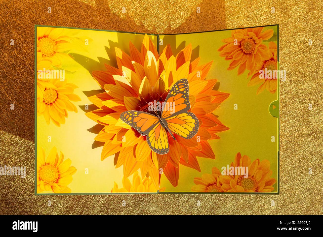 top view yellow 3D gift card with sunflower and a beautiful butterfly ...