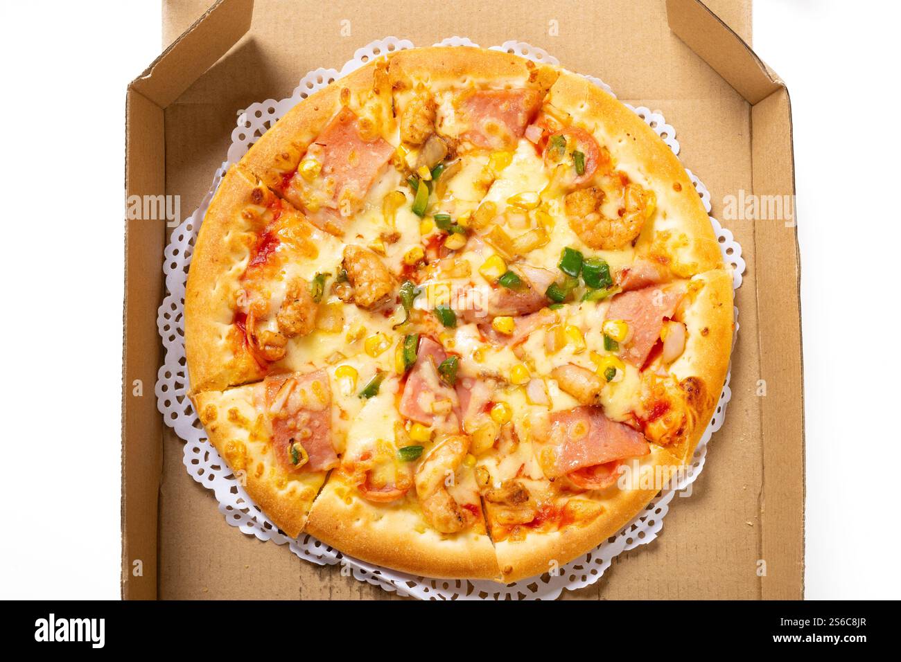 top view fresh pizza with shrimps and bacon toppings on white Stock ...