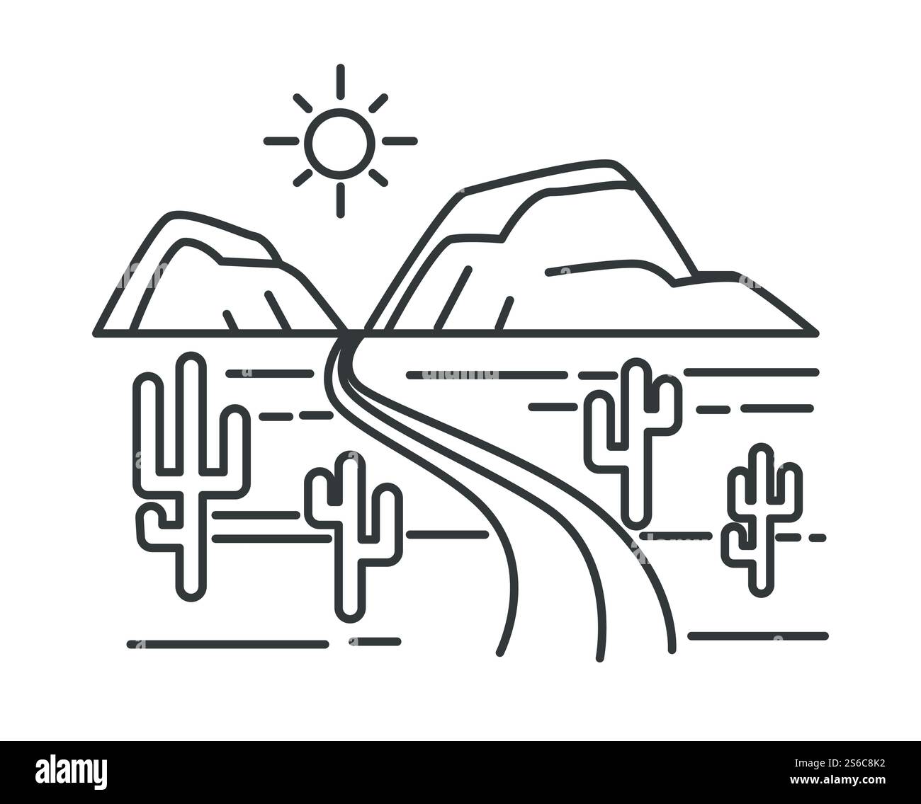 Desert road or highway and hills, Texas landscape outline sketch vector ...