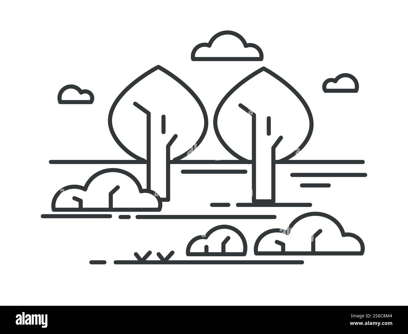 Landscape river or lake, ocean or sea, trees and bushes outline sketch ...