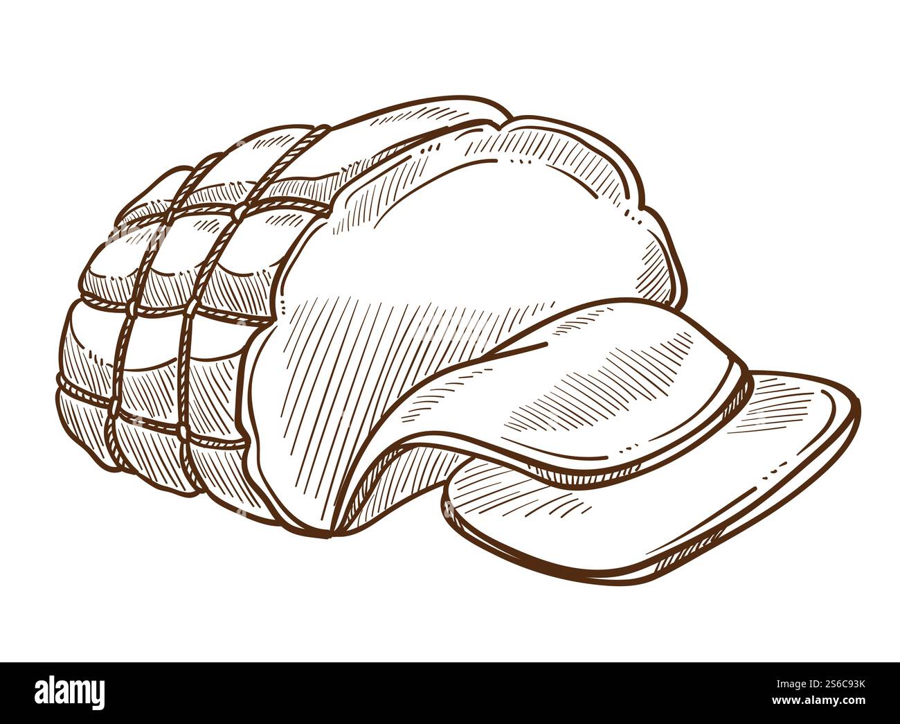 Meat food, sausage or ham in rope net isolated sketch vector. Butchery ...