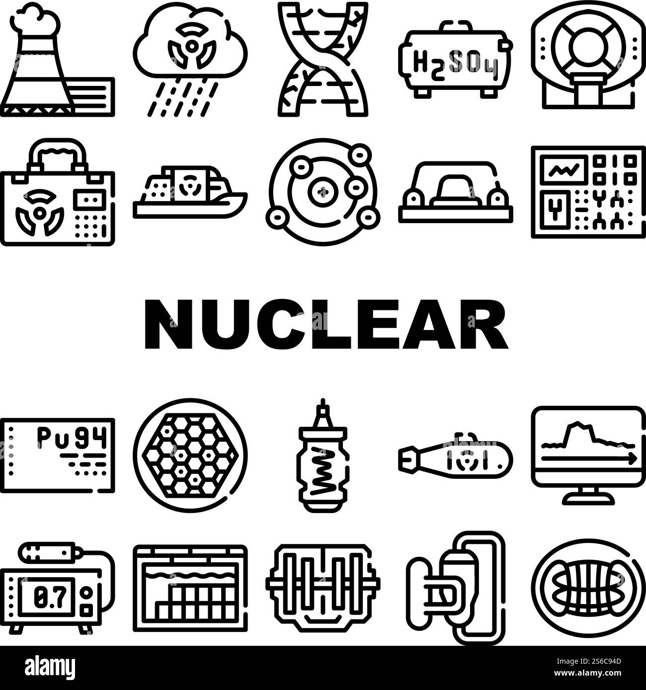 Nuclear Energy Power Collection Icons Set Vector. Acid Rain And Dna ...