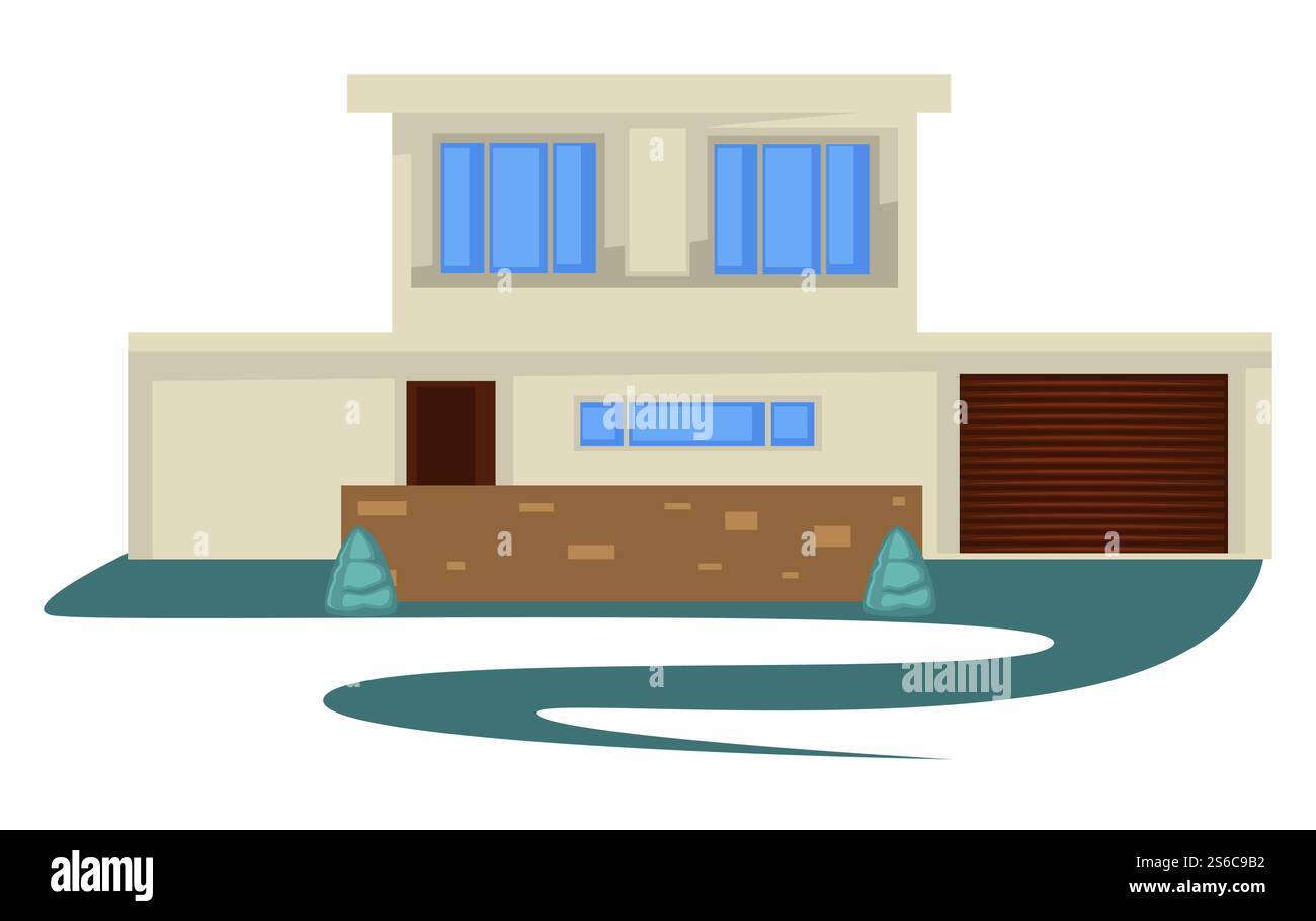 Vintage building or house with garage and driveway in 1950s style ...