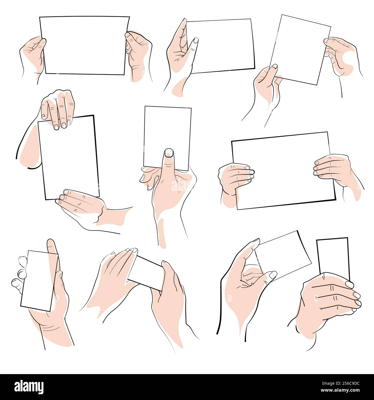 Palms positions, hands holding objects mockups or paper by edges ...
