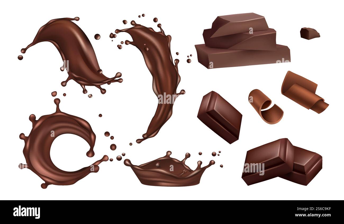 Realistic chocolate splashes, flows and bars vector isolated on white ...