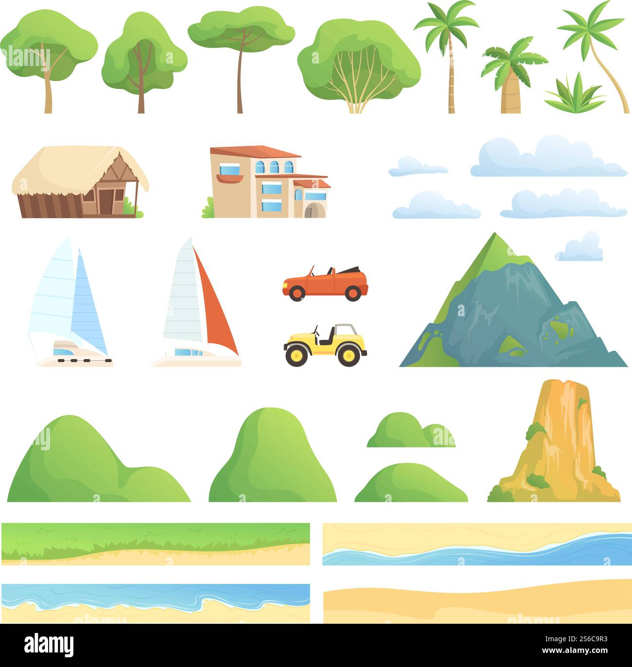 Landscape constructor. Rivers gardens houses transport mountains and hills trees vector cartoon ...