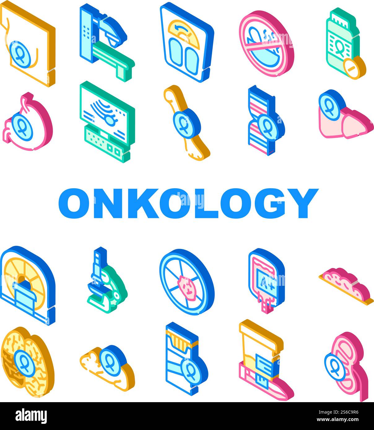 Oncology Examination Collection Icons Set Vector. Oncology Radiation ...