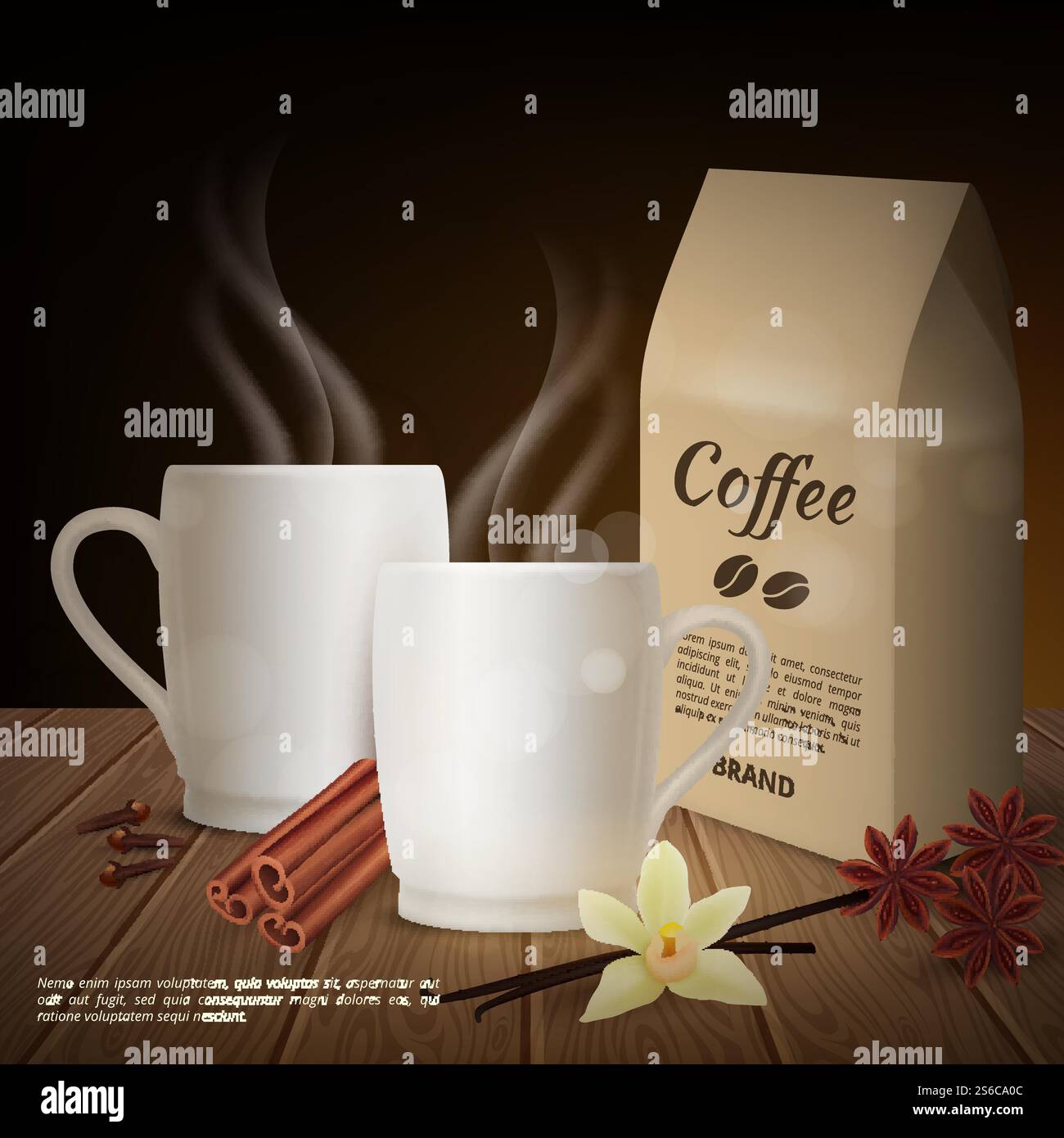 Vector realistic cup of coffee and toppings background. Illustration of ...