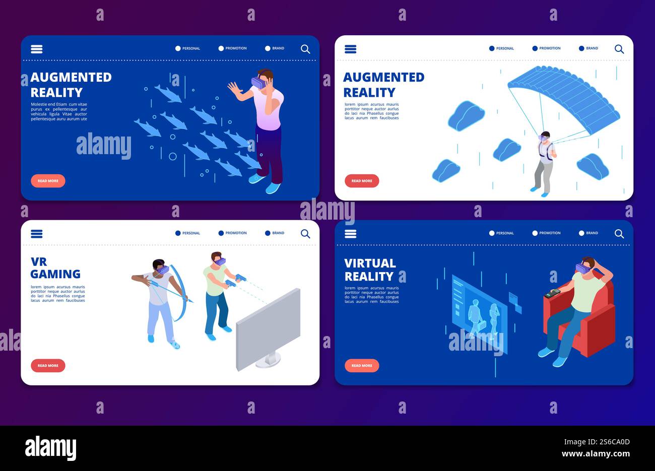 Isometric VR gaming, augmented reality vector landing pages templates ...