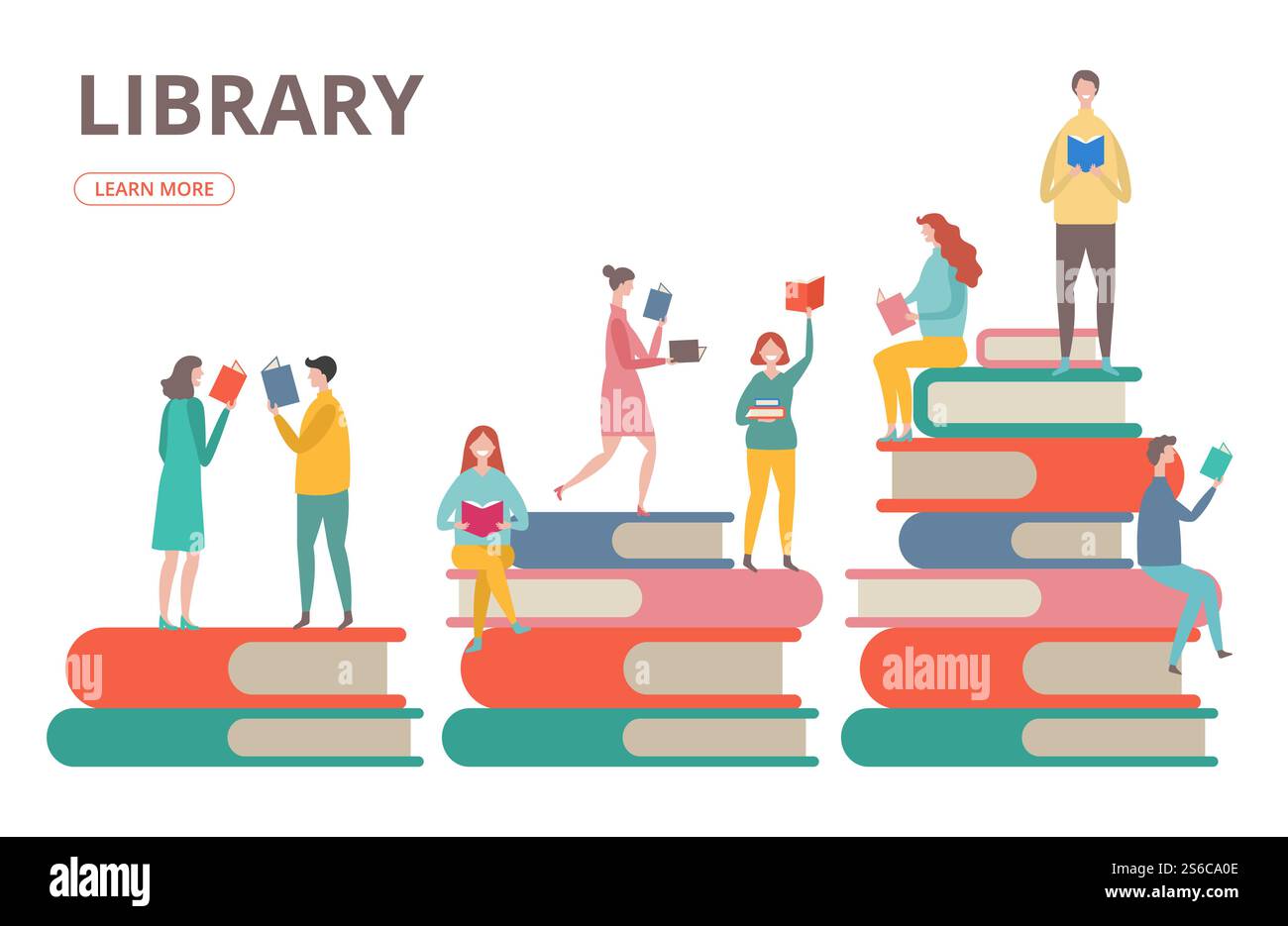 Time to read vector concept. Library, self education, students with ...