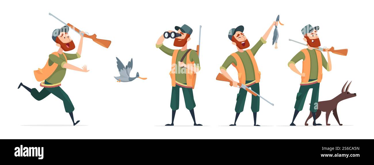 Cartoon hunters. Vector hunter with dog, guns, binoculars, duck ...