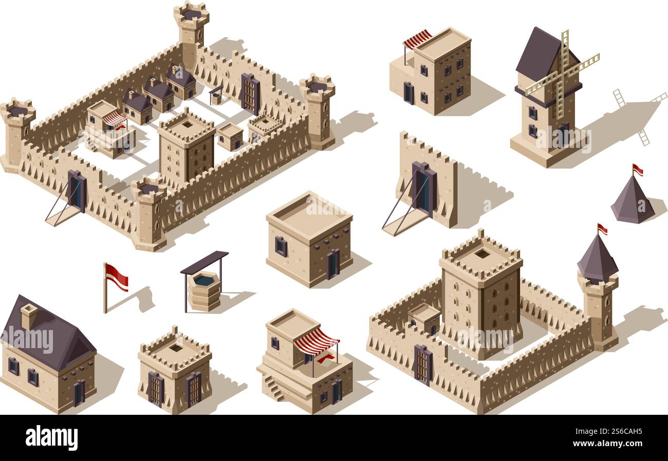 Medieval buildings. Ancient architectural objects village and castles vector isometric for games ...