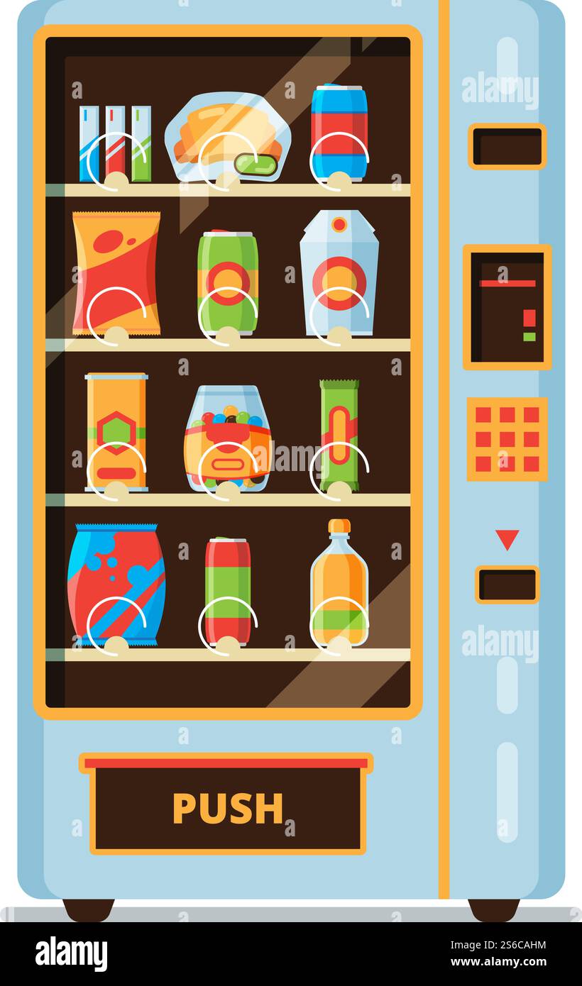 Vending machine. Snack crackers junk food soda drinks saling in vending ...