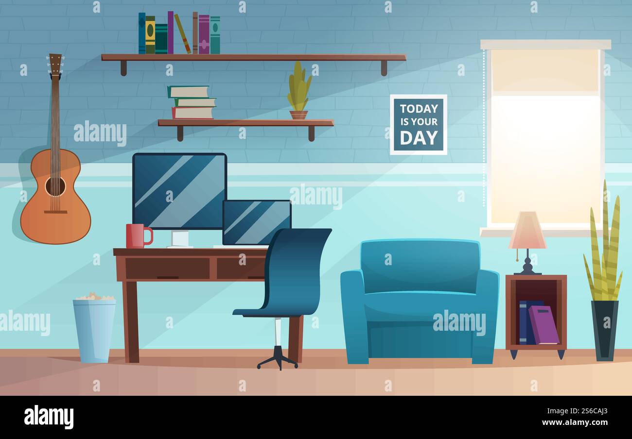 Freelance interior. Working place of student office vector home modern ...