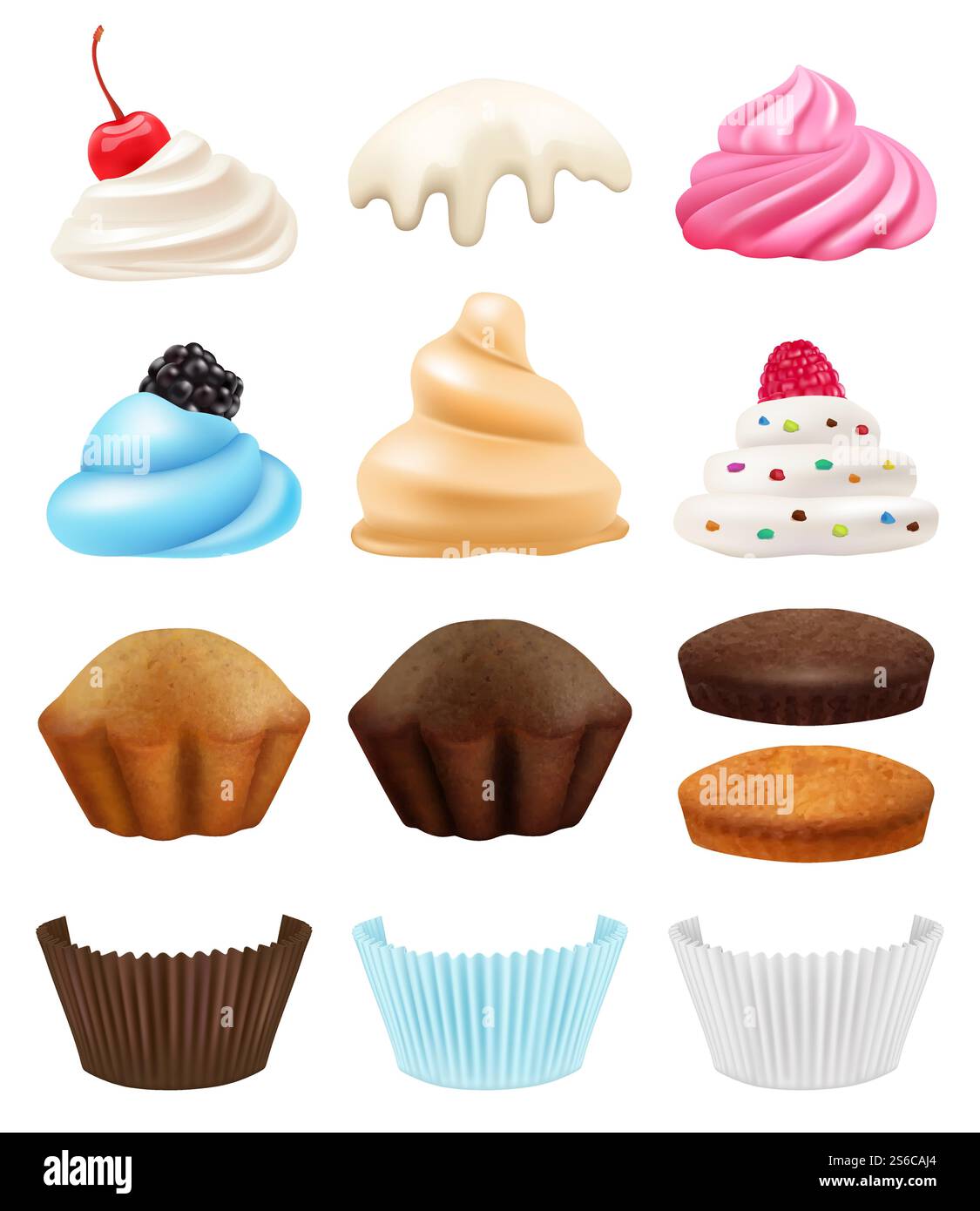 Cakes collection. Realistic cupcakes creation kit muffin cream fruits ...