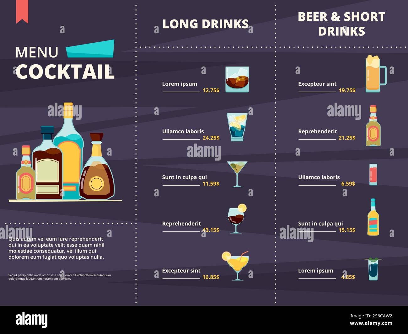 Cocktail menu. Alcoholic different corporate drinks in restaurant or ...