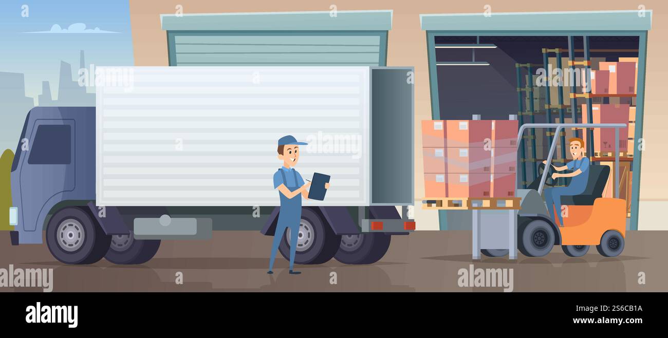 Warehouse background. People and machine working in warehouse room and ...