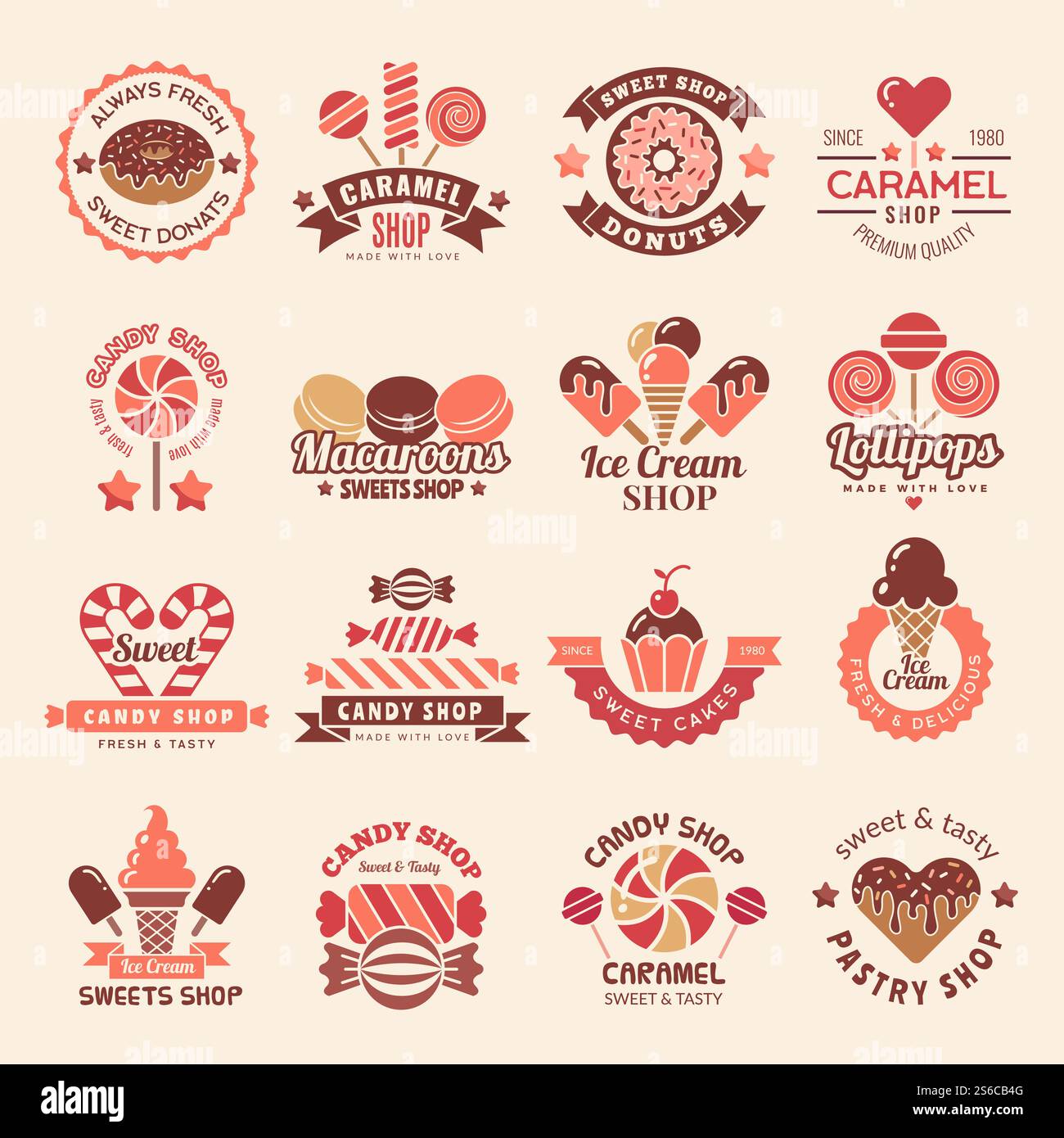 Candy shop badges. Sweets cookie cupcakes lollipop symbol for confectionary vector logos ...
