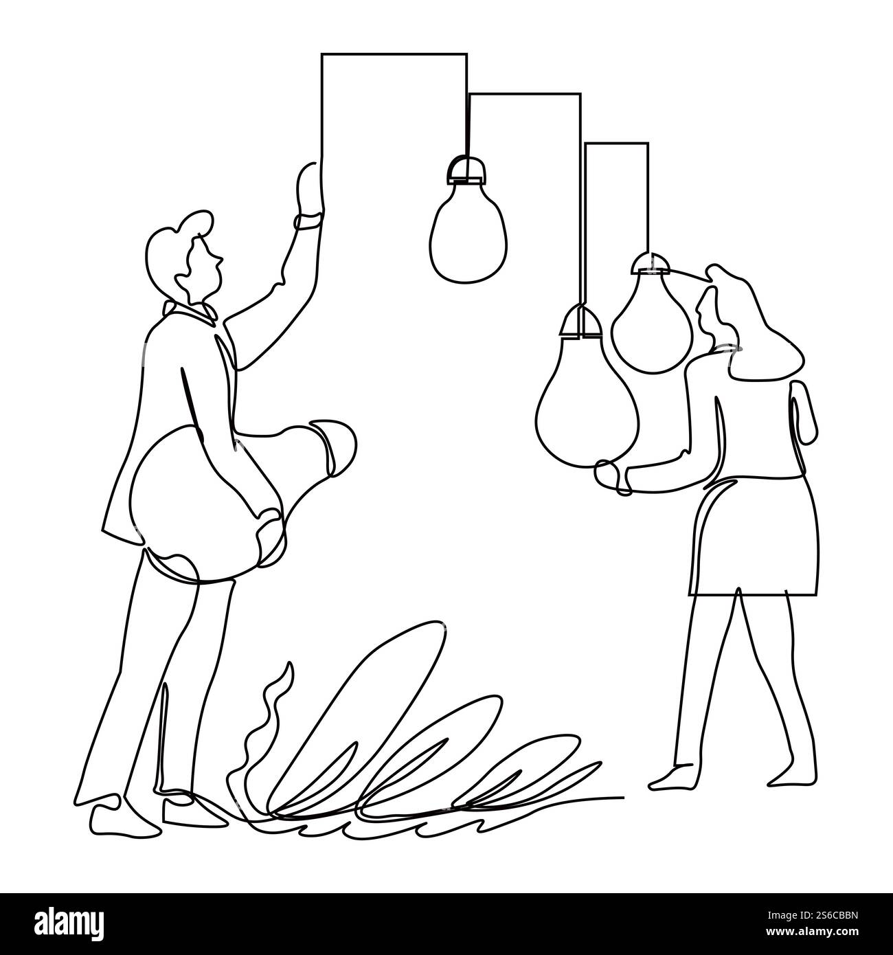 Businessman and businesswoman collecting ideas, light bulbs isolated ...