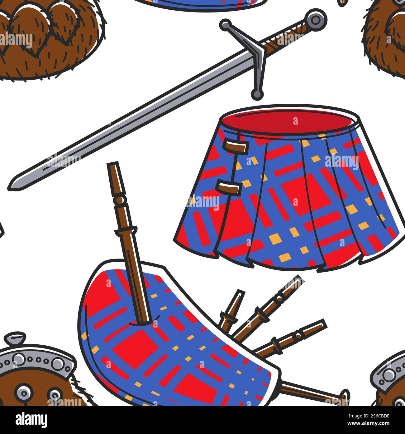 Skirt and bagpipes Scotland purse and sword seamless pattern vector ...