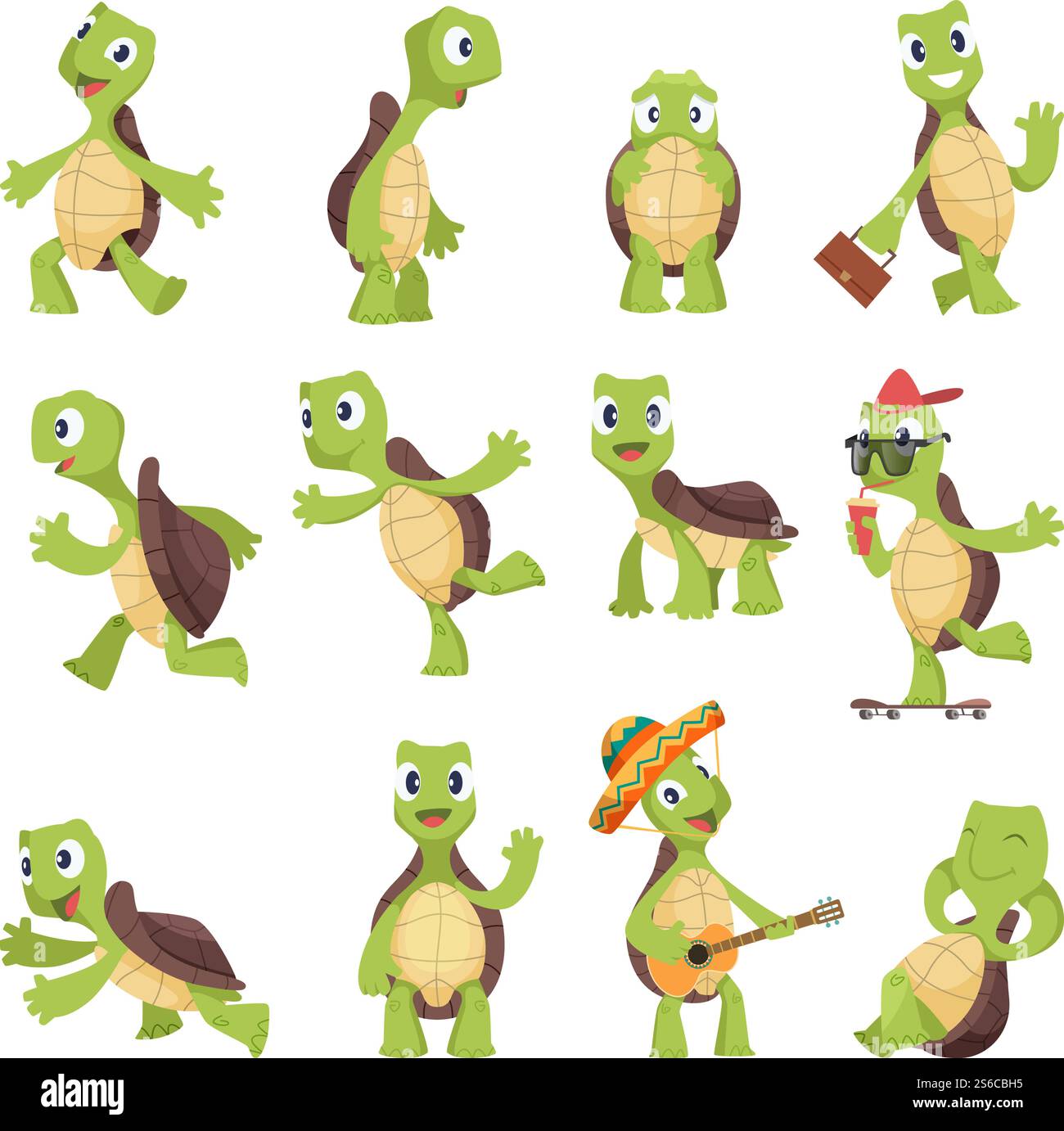 Cartoon turtles. Happy funny animals running tortoise vector collection ...