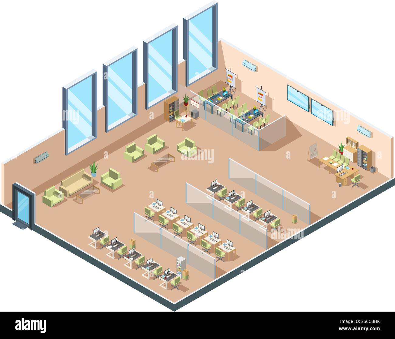 Isometric office. Big corporate open working area building interior ...