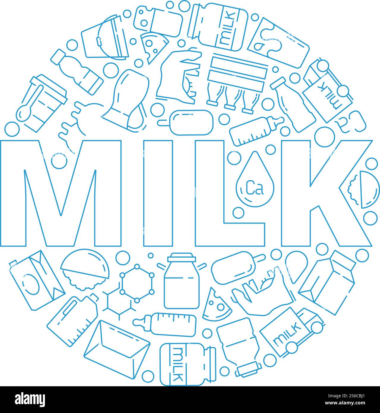 Milk icons. Circle shape with symbols of dairy farm food yogurt cheese ...