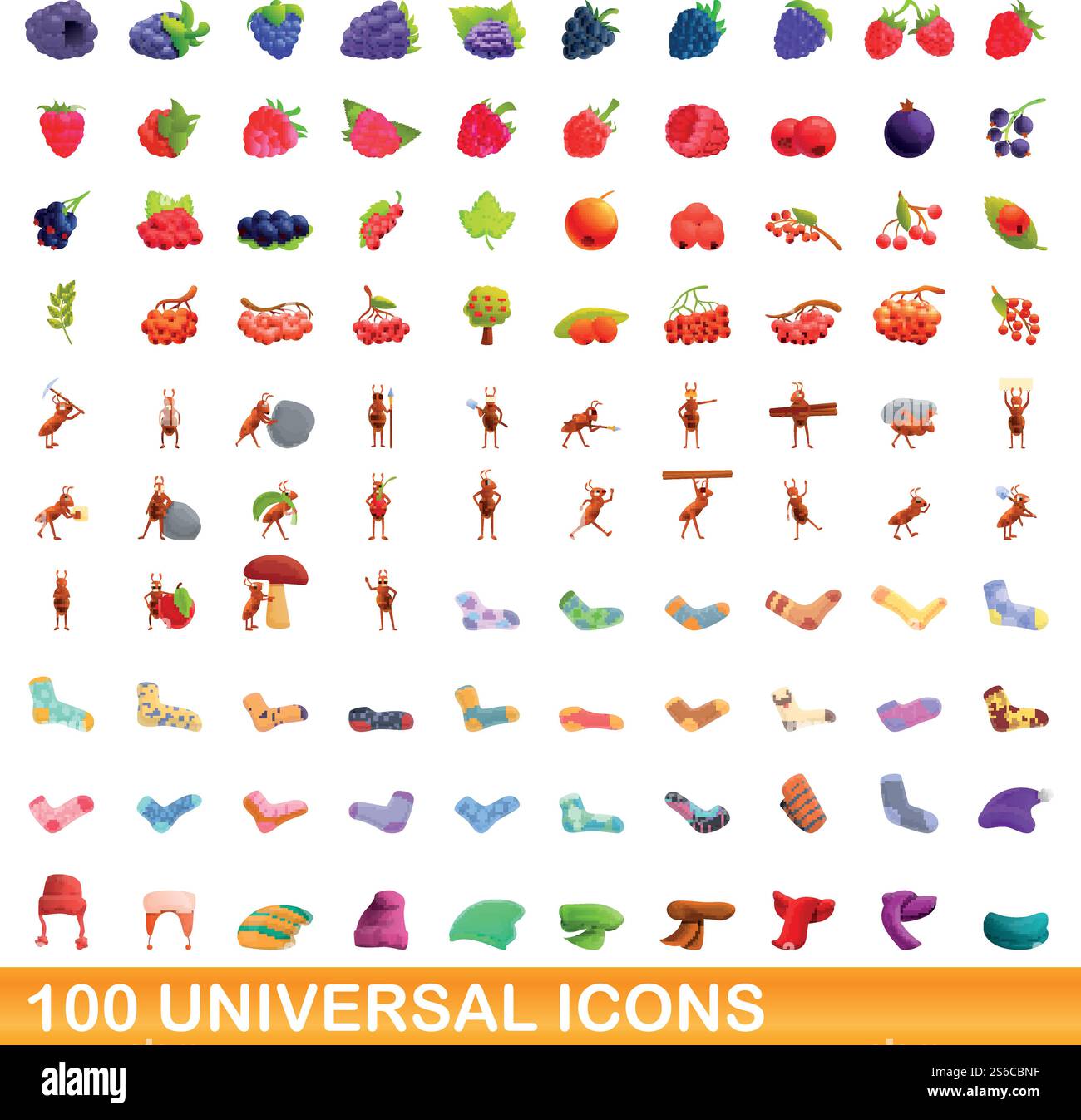 100 universal icons set. Cartoon illustration of 100 universal icons ...