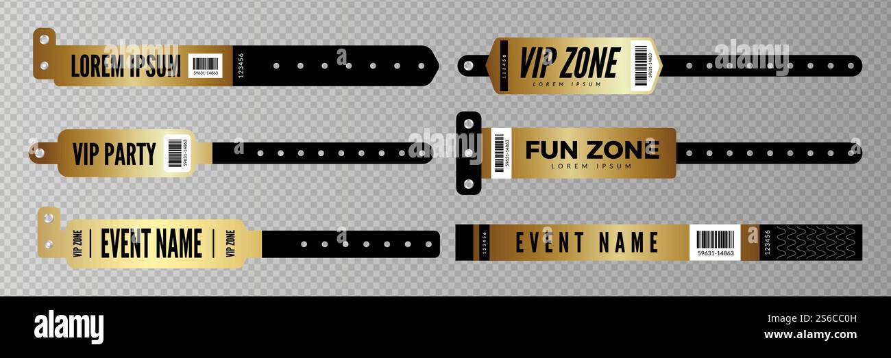 Events bracelets. Vector golden entrance key for party, concert, disco ...