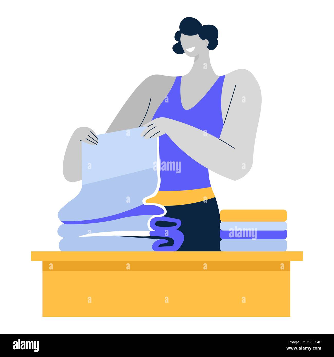 Clean clothes and linen in piles, laundry, woman folding clean towel ...