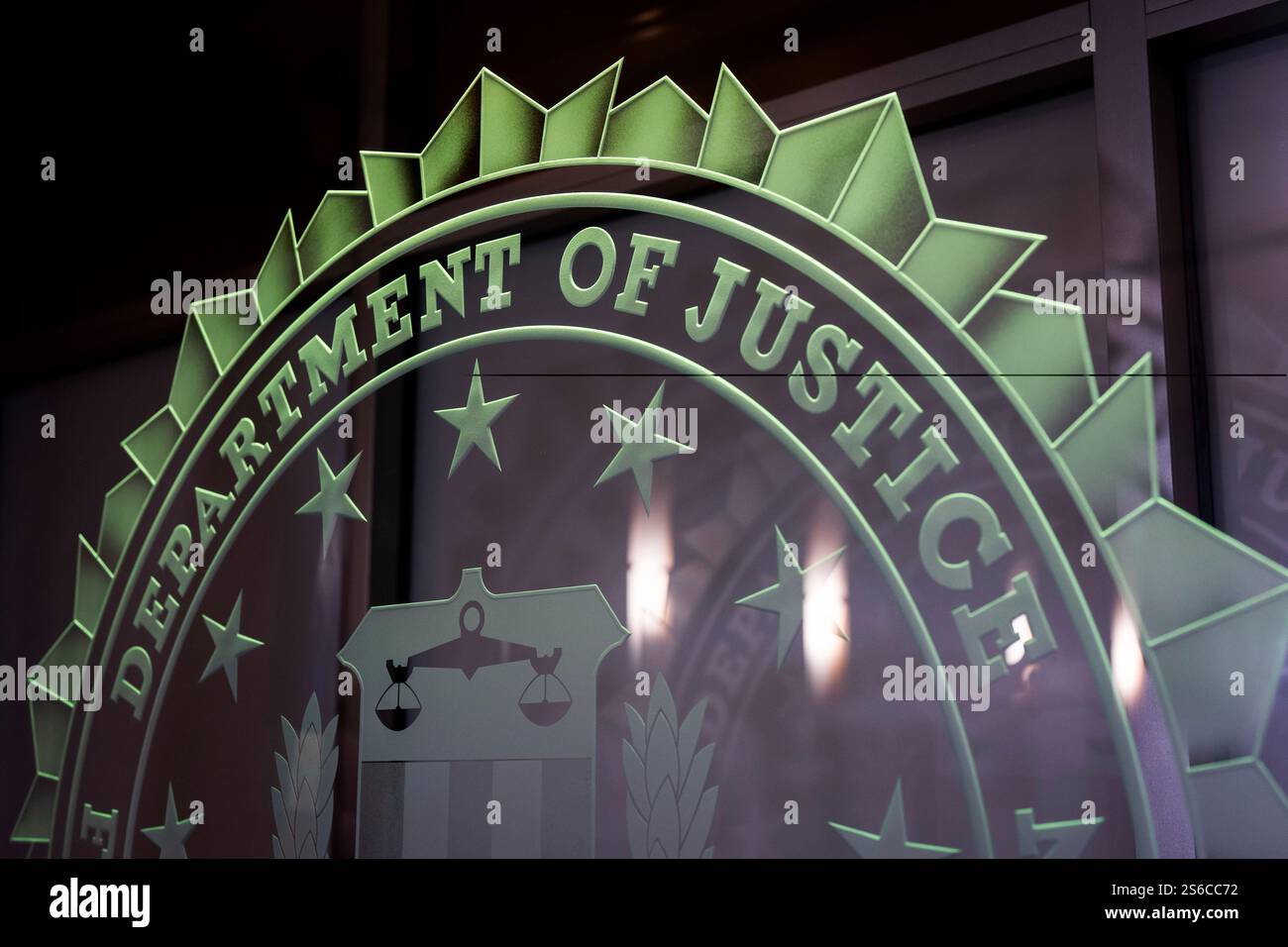 The words Department of Justice are displayed at the FBI field office ...