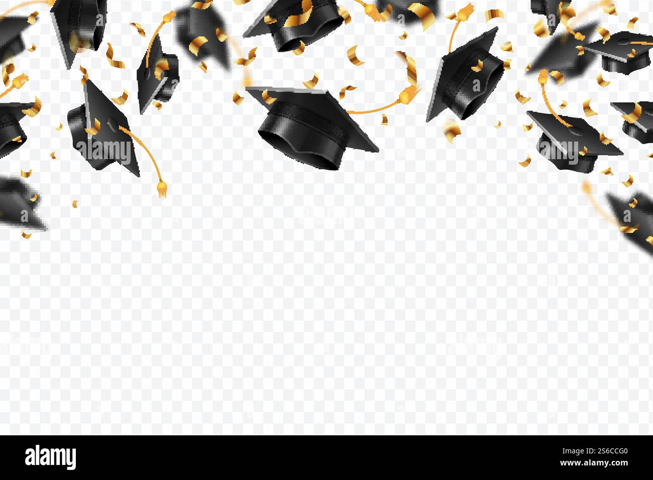 Graduation caps confetti. Flying students hats with golden ribbons ...