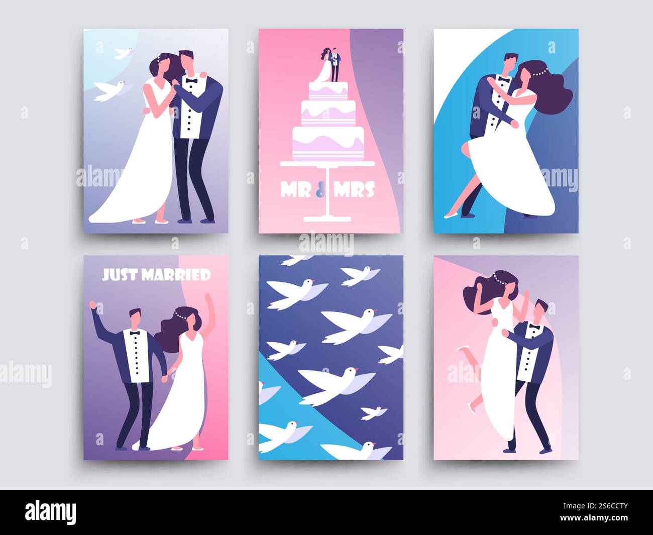 Wedding cards with cartoon characters couples, cake, doves vector ...