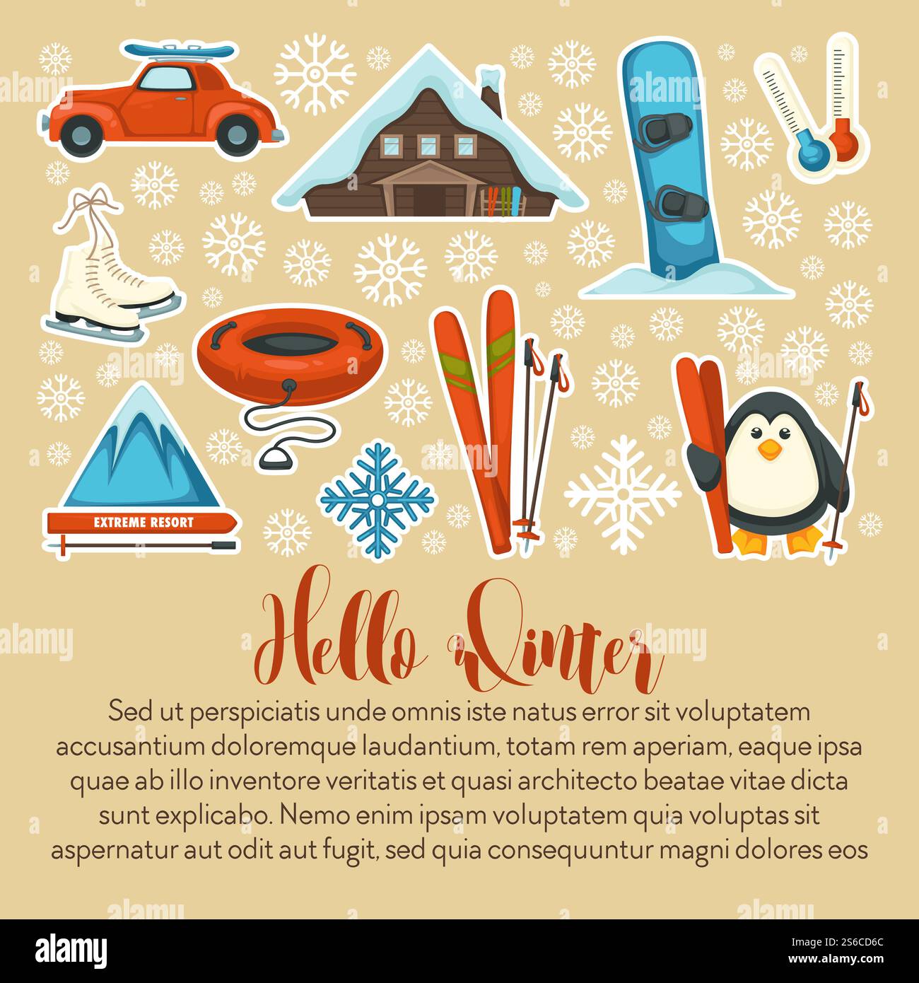 Hello winter poster with active vacation symbols vector. Wintertime ...