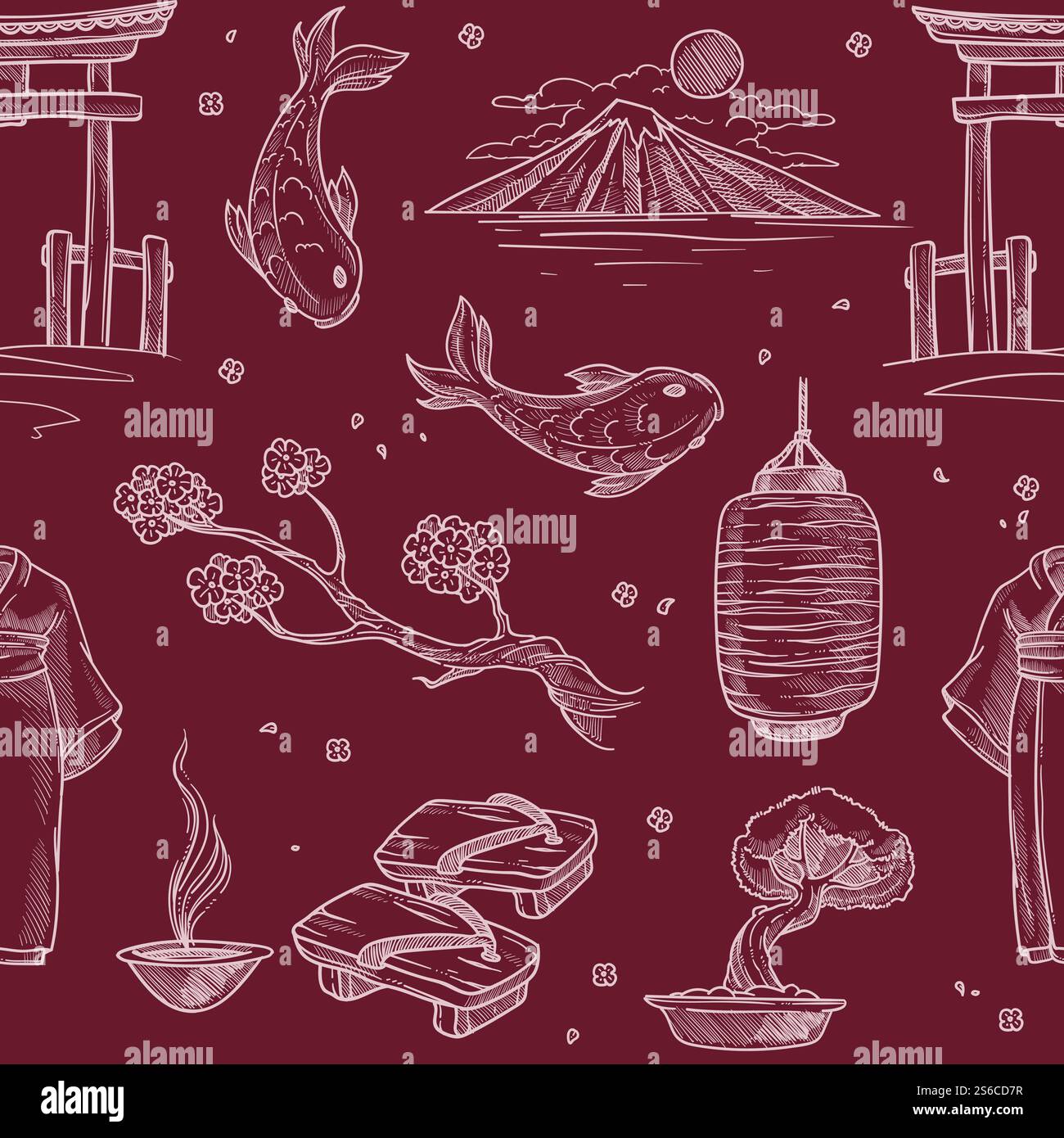 Japanese cultural symbols and signs seamless pattern vector. Torii ...