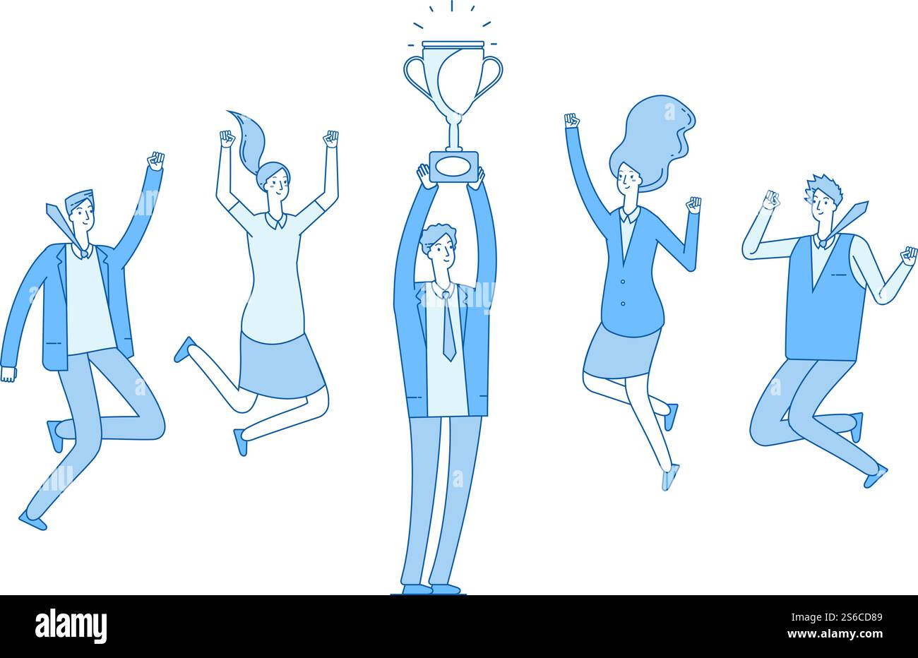 Man with trophy cup. Businessman winner and jumping team best employee ...