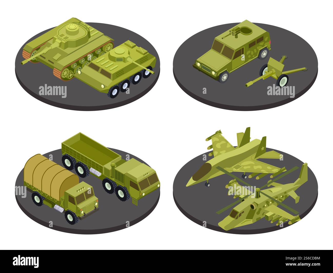 Military vehicles isometric icon set with tanks transport missile systems and artillery ...