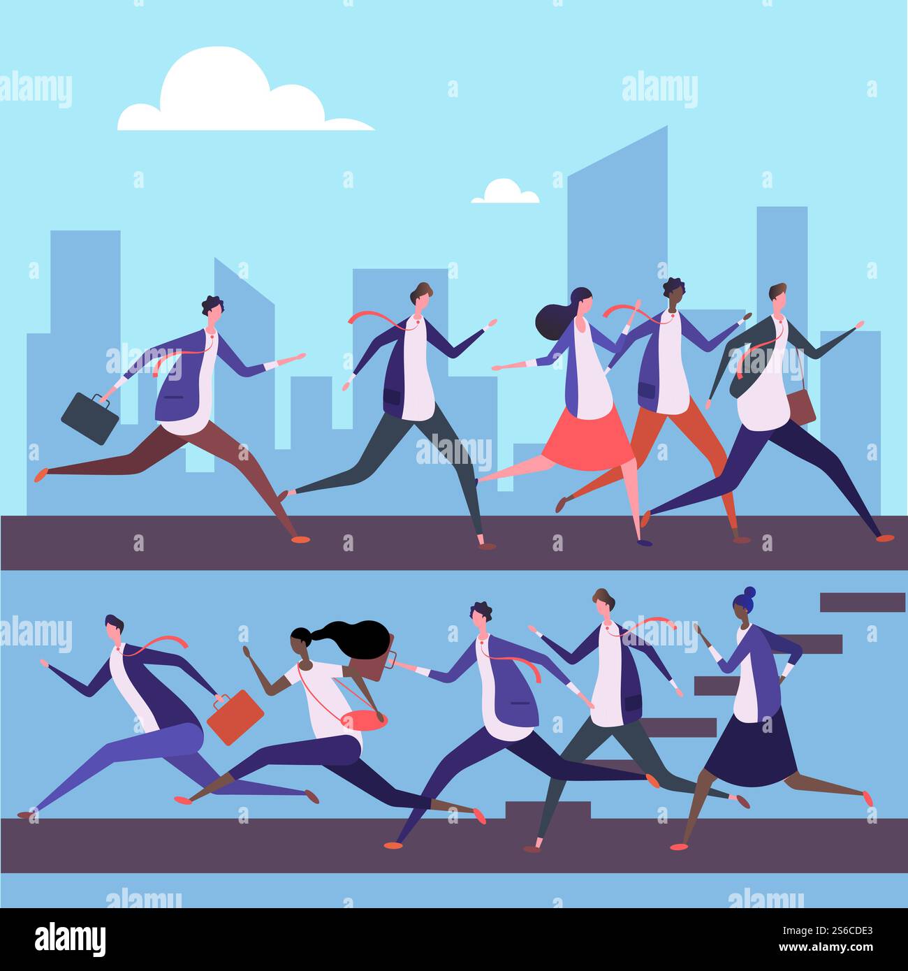 Cartoon men and women run to work vector illustration. Business success ...