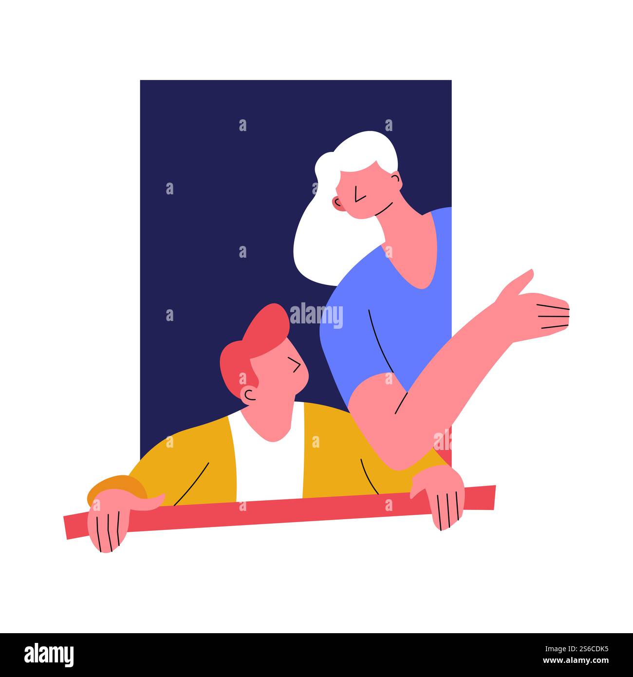 Window woman and man looking out from apartment girl and guy vector ...