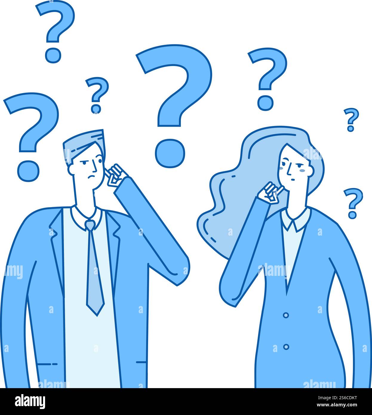 Thinking couple. Confused young girl man with question marks. Troubled ...