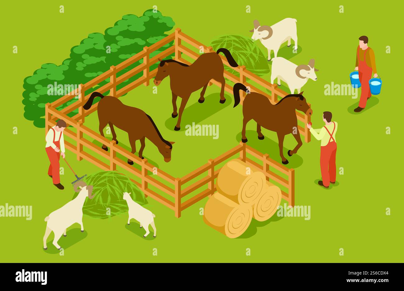 Animal farm, livestock with horses, goats, sheeps and workers isometric ...