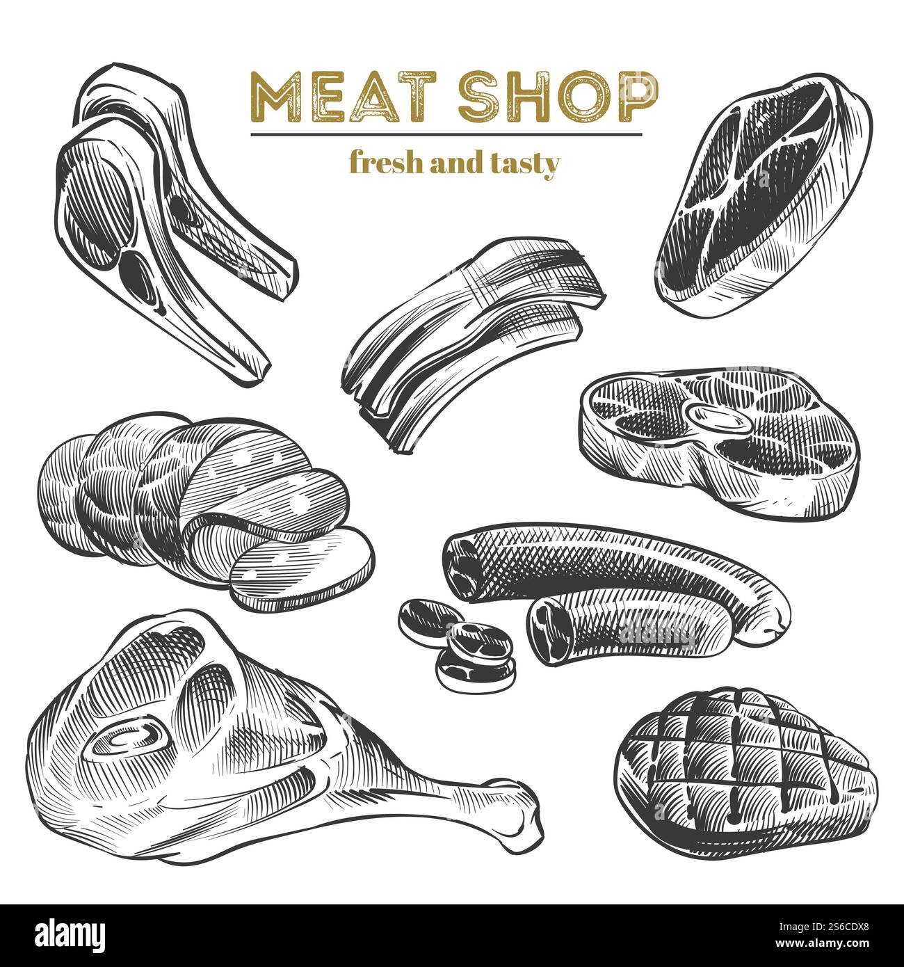 Hand sketched meat products isolated on white background. Vector of ...