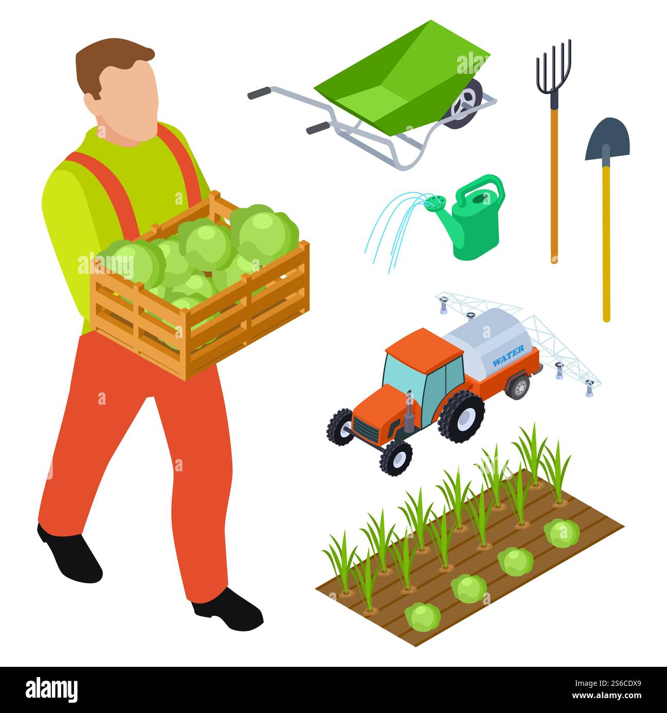 Isometric farmer and gardening equipment vector objects. Illustration ...