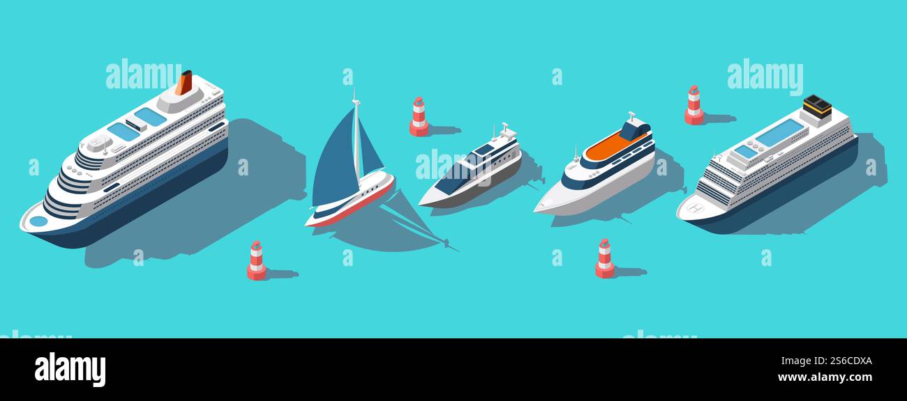 Isometric ferries, yachts, boats, passenger ships vector set. Illustration of ship ferry and ...