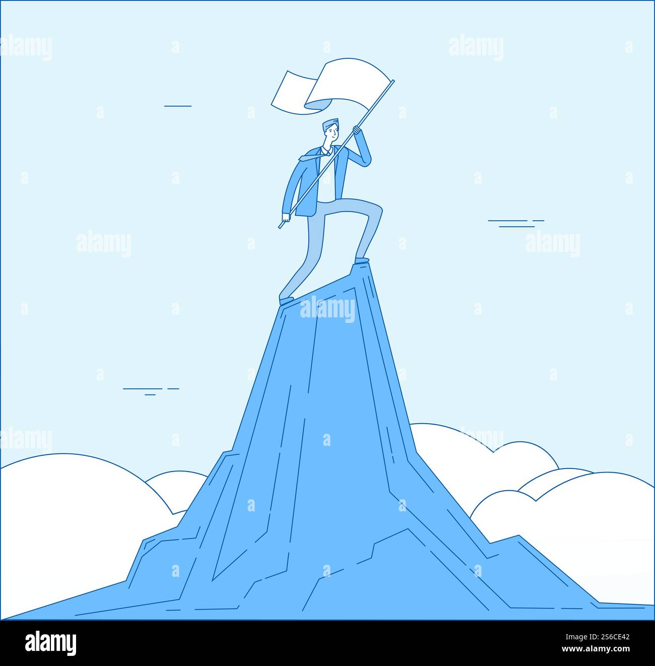 Man mountain peak. Successful businessman winner enjoy with flag on top ...