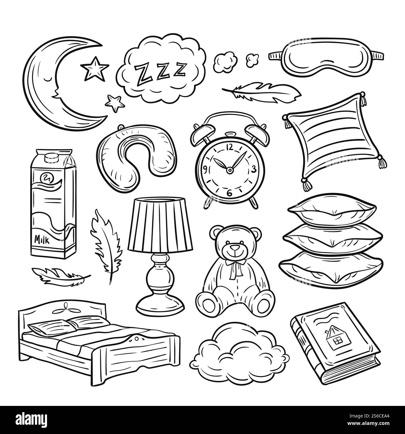 Sleeping doodle set. Sleep pillow feathers dream zzz night dreaming ...