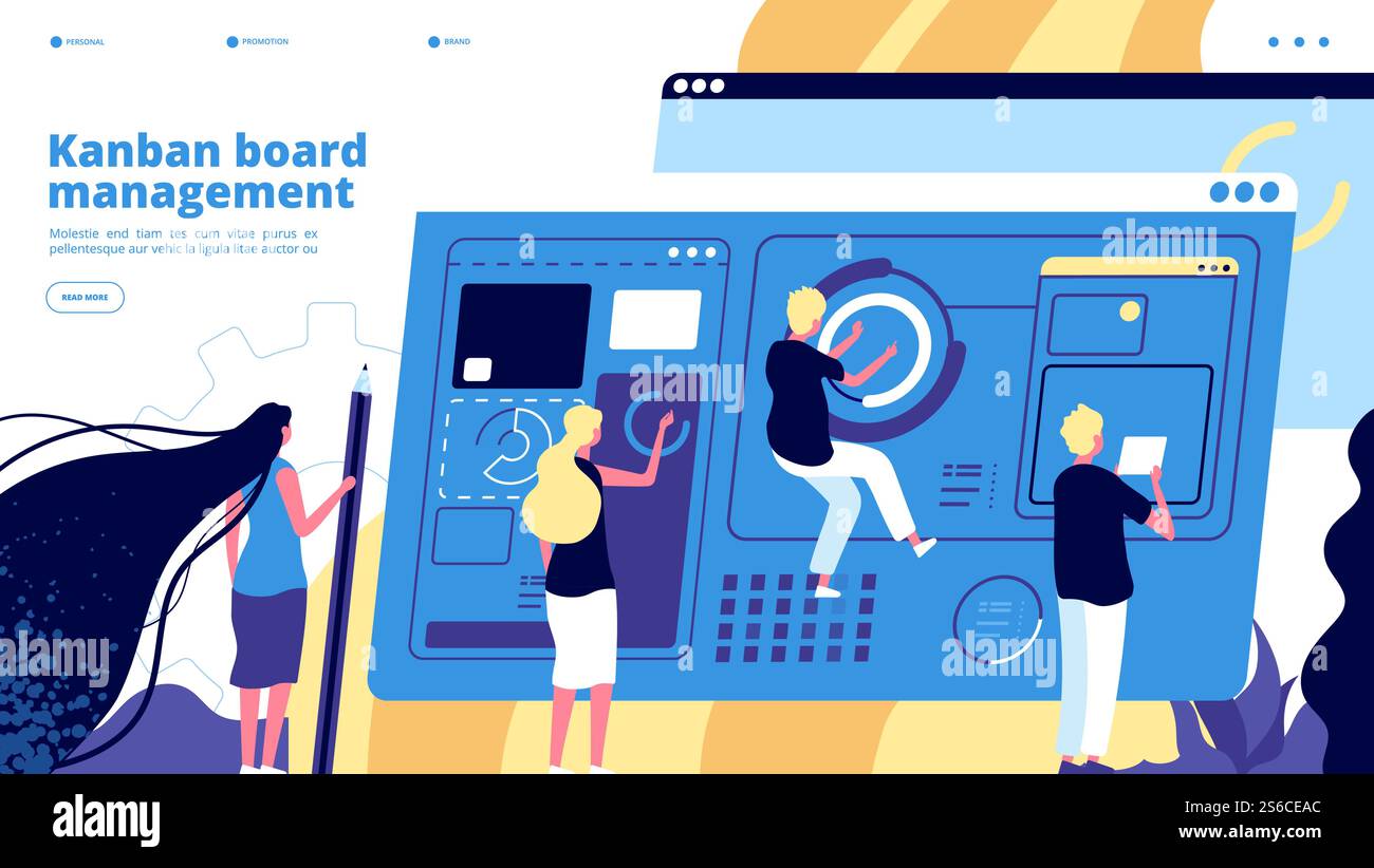 Kanban board. Guys manage with task scrum board, analyzing process software. Teamwork agile ...