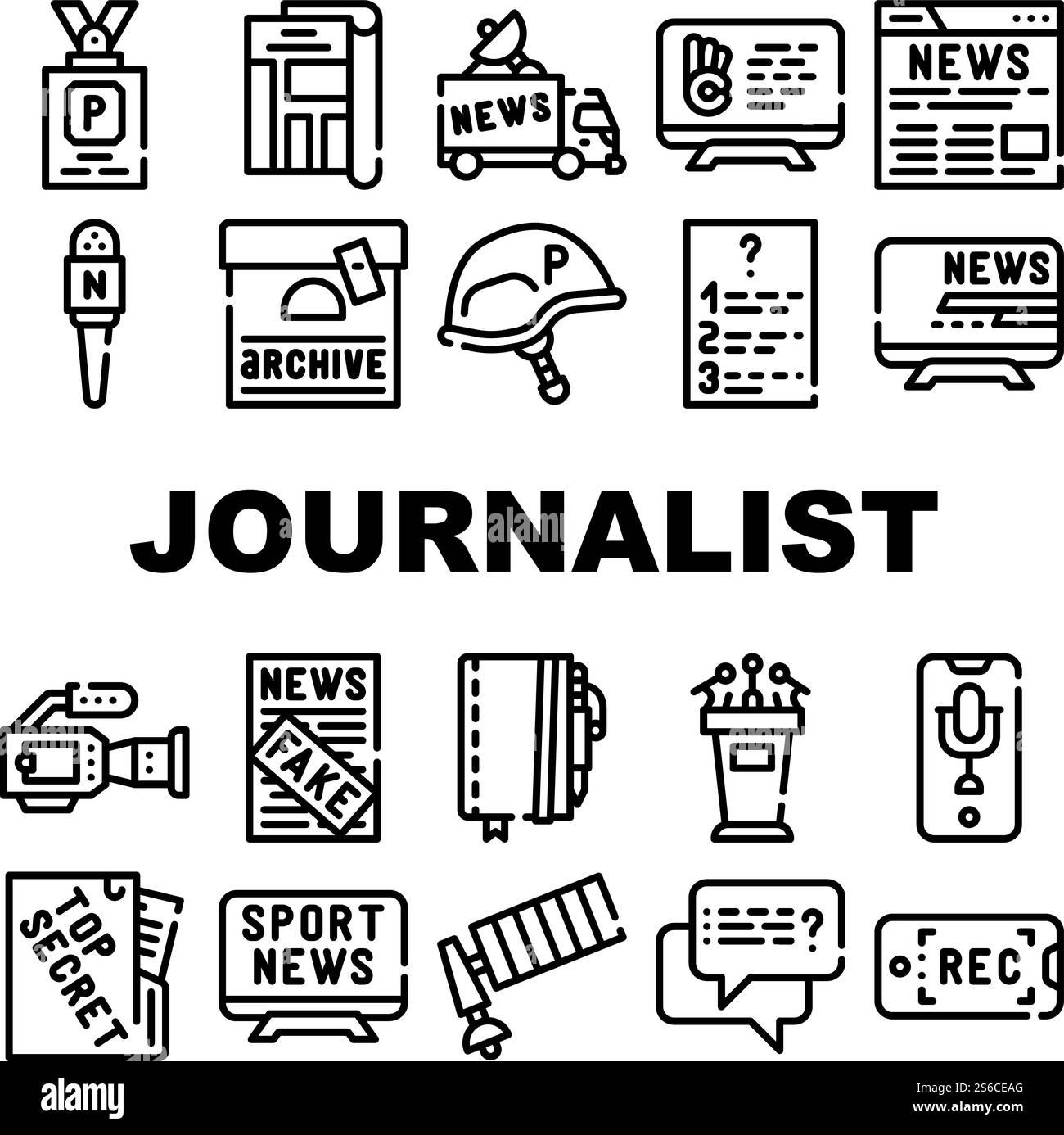 Journalist Accessories Collection Icons Set Vector. Journalist Badge ...