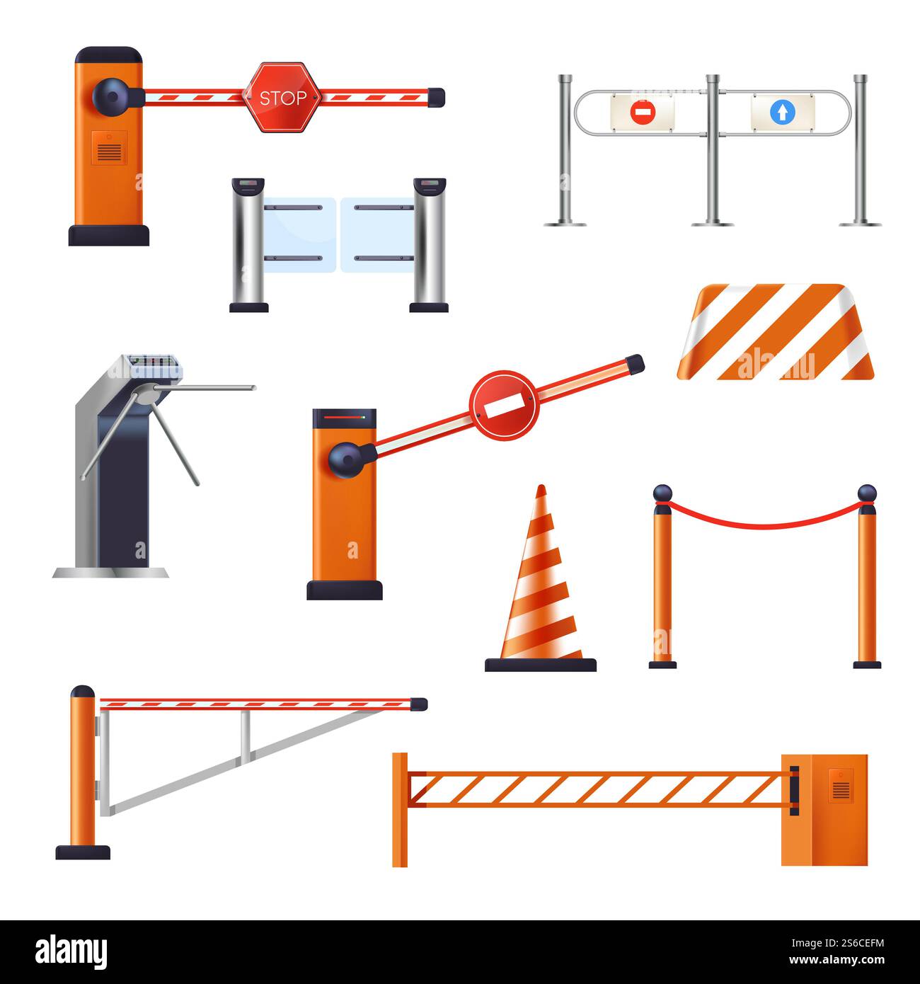 Stop cranes and barriers, entrance or automatic turnstile, road cone ...