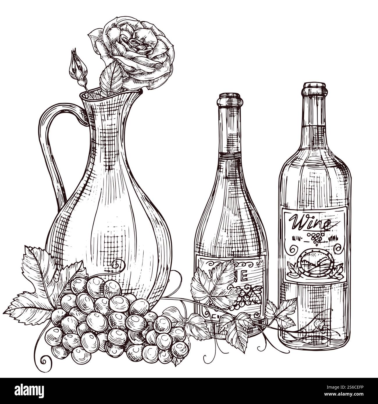 Hand drawn wine decanter with roses, wine bottles, grape vector ...